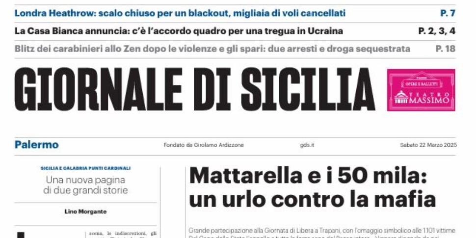 Il nuovo Giornale di Sicilia, la prima pagina di sabato 22 marzo 2025 ...